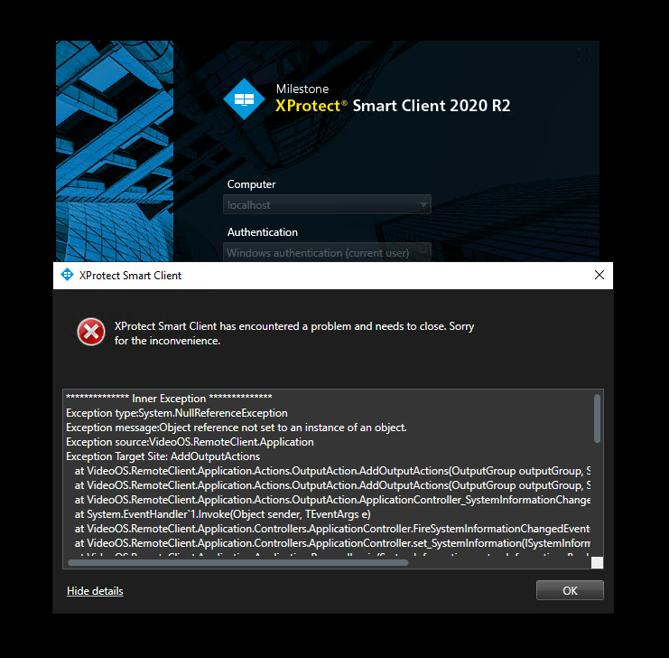 Error: 'XProtect Smart Client has encountered a problem and needs to ...