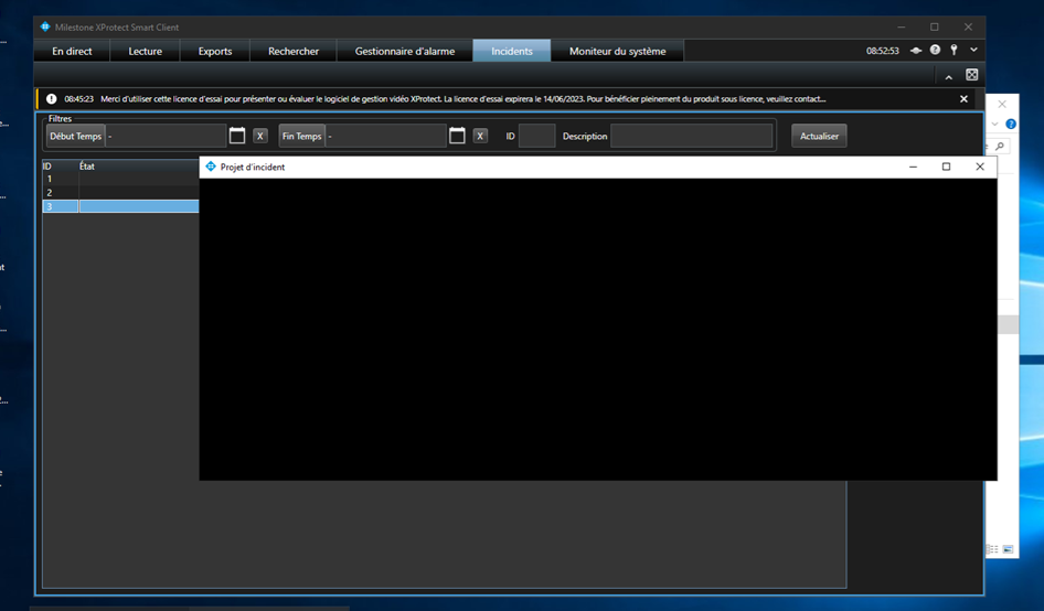 Incident Manager black (empty) project window in the Smart Client ...